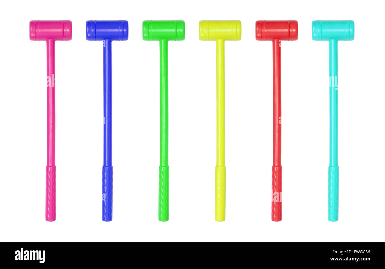 Collection of large toy hammers isolated on white background Stock ...