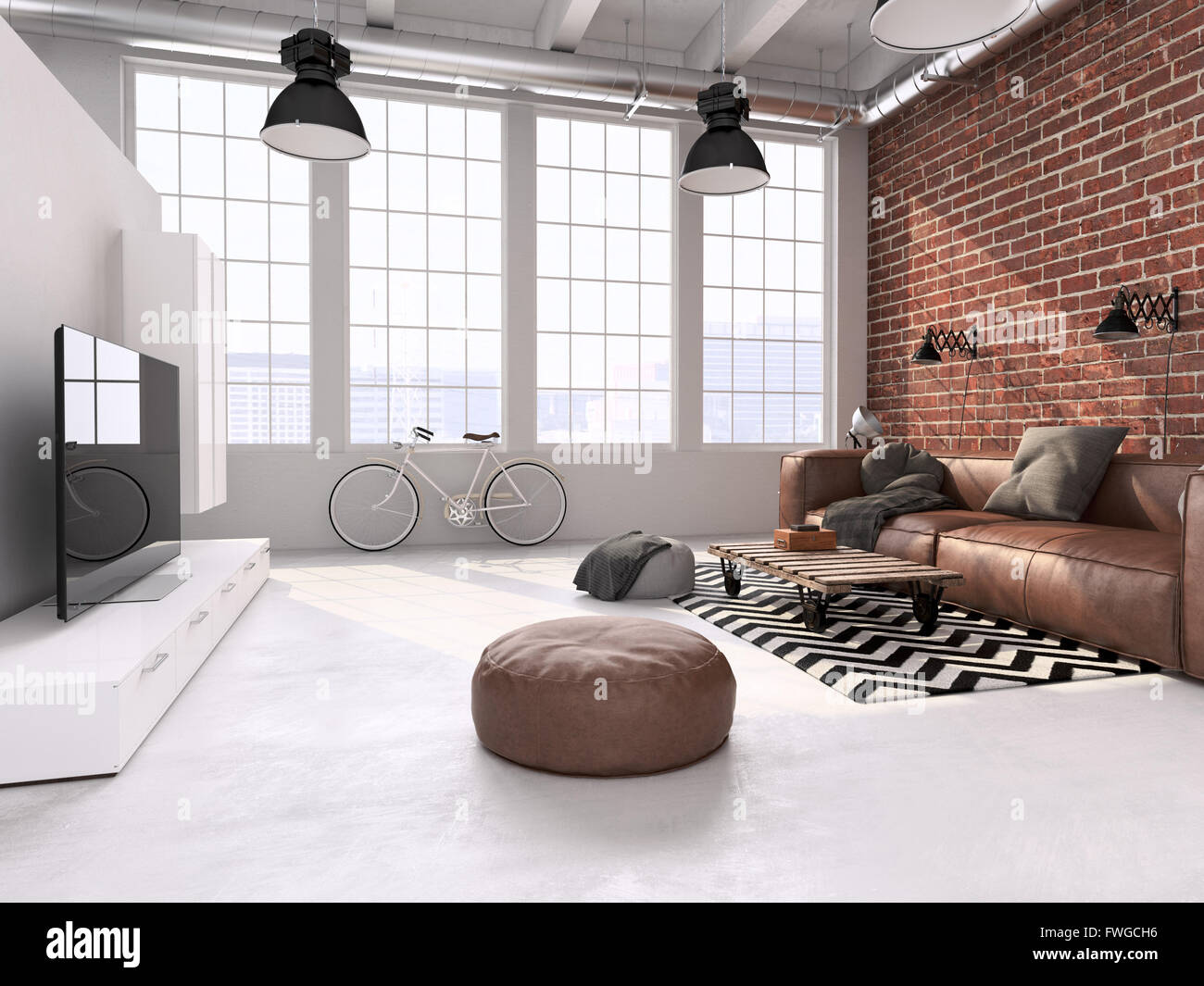 living room loft interior. 3d rendering Stock Photo - Alamy
