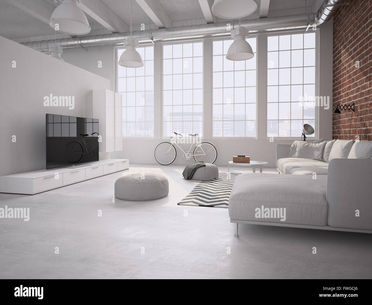 living room loft interior. 3d rendering Stock Photo - Alamy