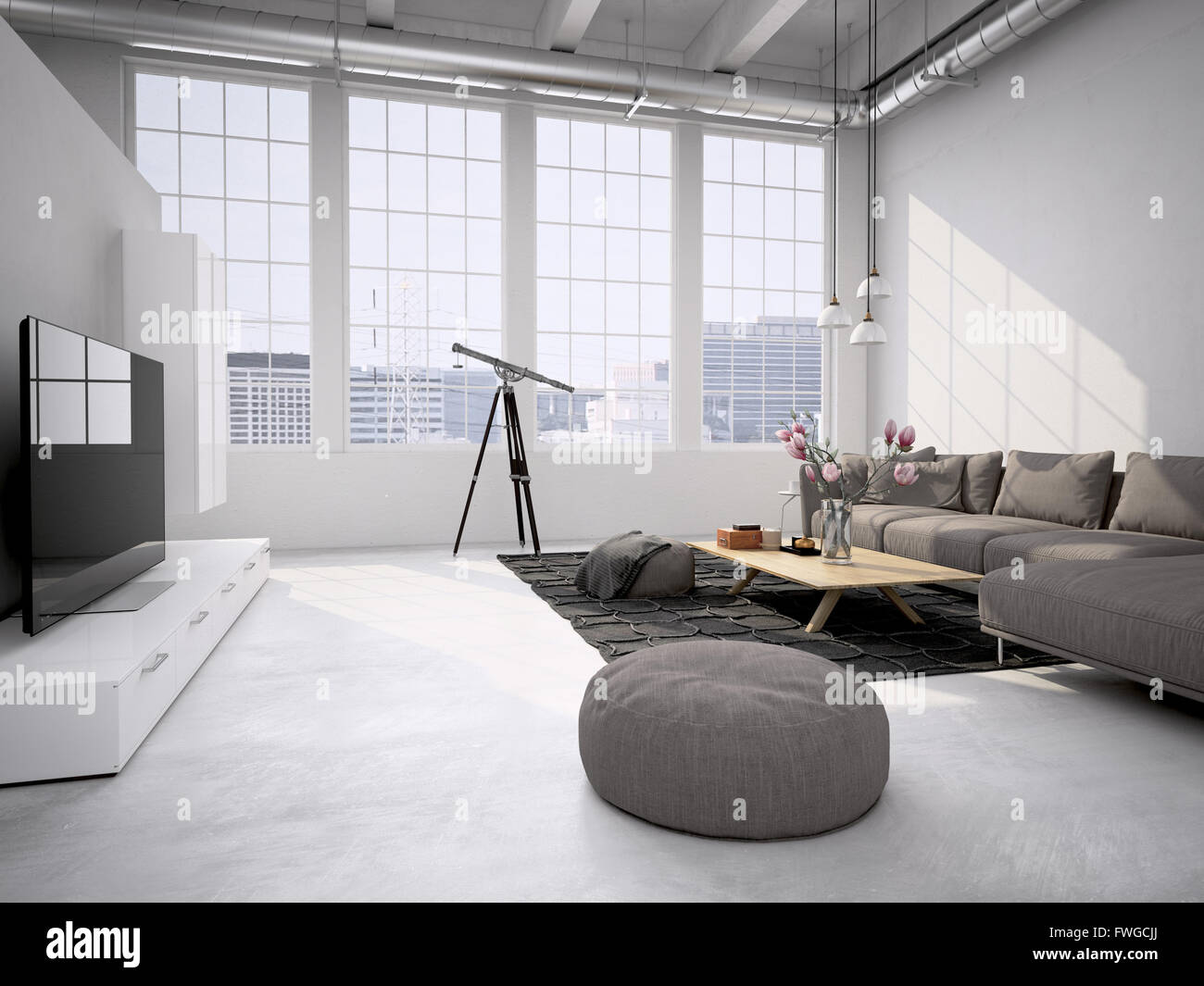 living room loft interior. 3d rendering Stock Photo - Alamy