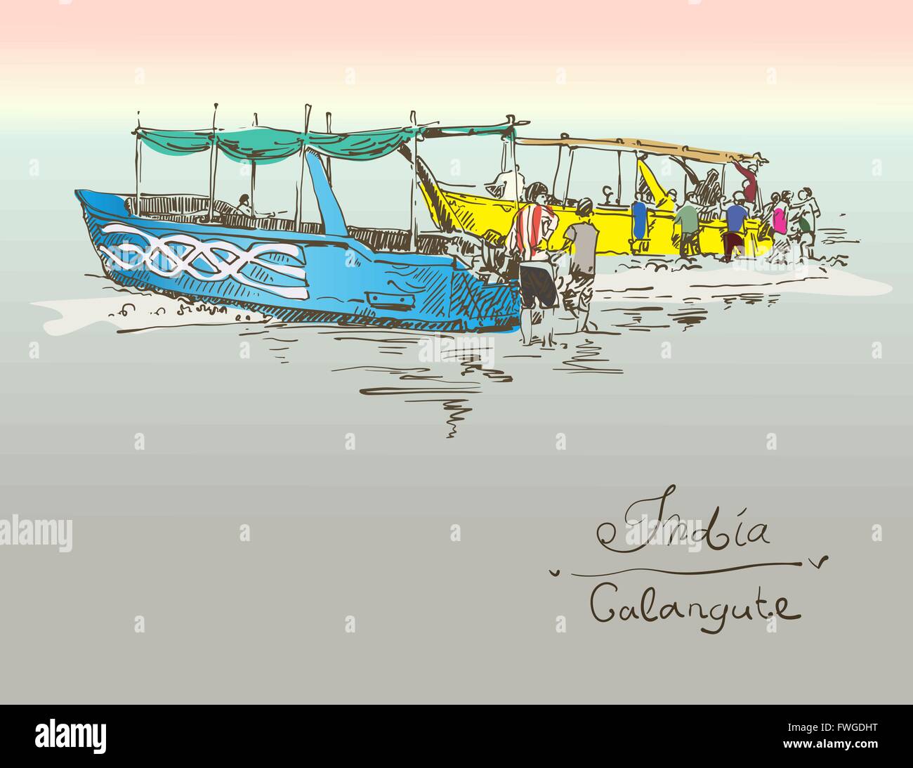 India Calangute Beach sketch drawing with two boats ashore Stock Vector ...