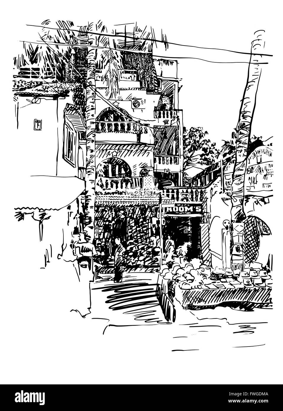 original drawing of India Goa Calangute Baga landscape point-of Stock ...