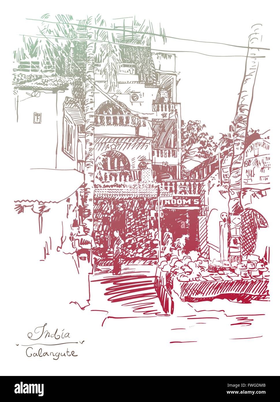 original drawing of India Goa Calangute Baga landscape point-of Stock ...