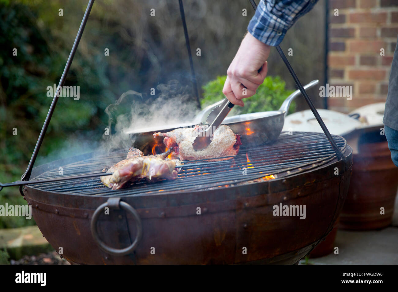 A man using tongs to move roasting game bird pieces on a barbeque Stock ...