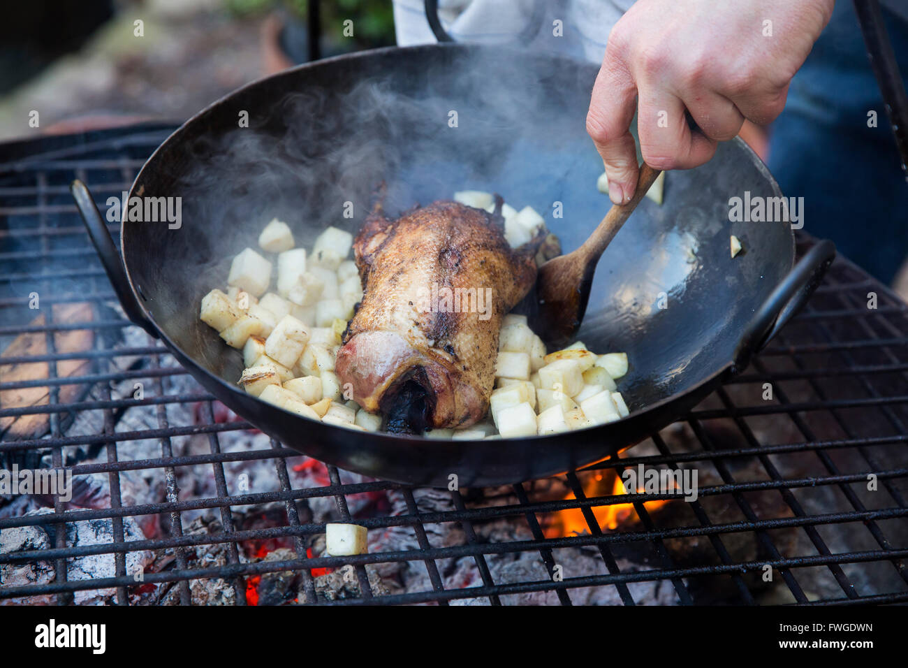An outdoor cookout, a game bird in a pan surrounded by mirepoix of ...