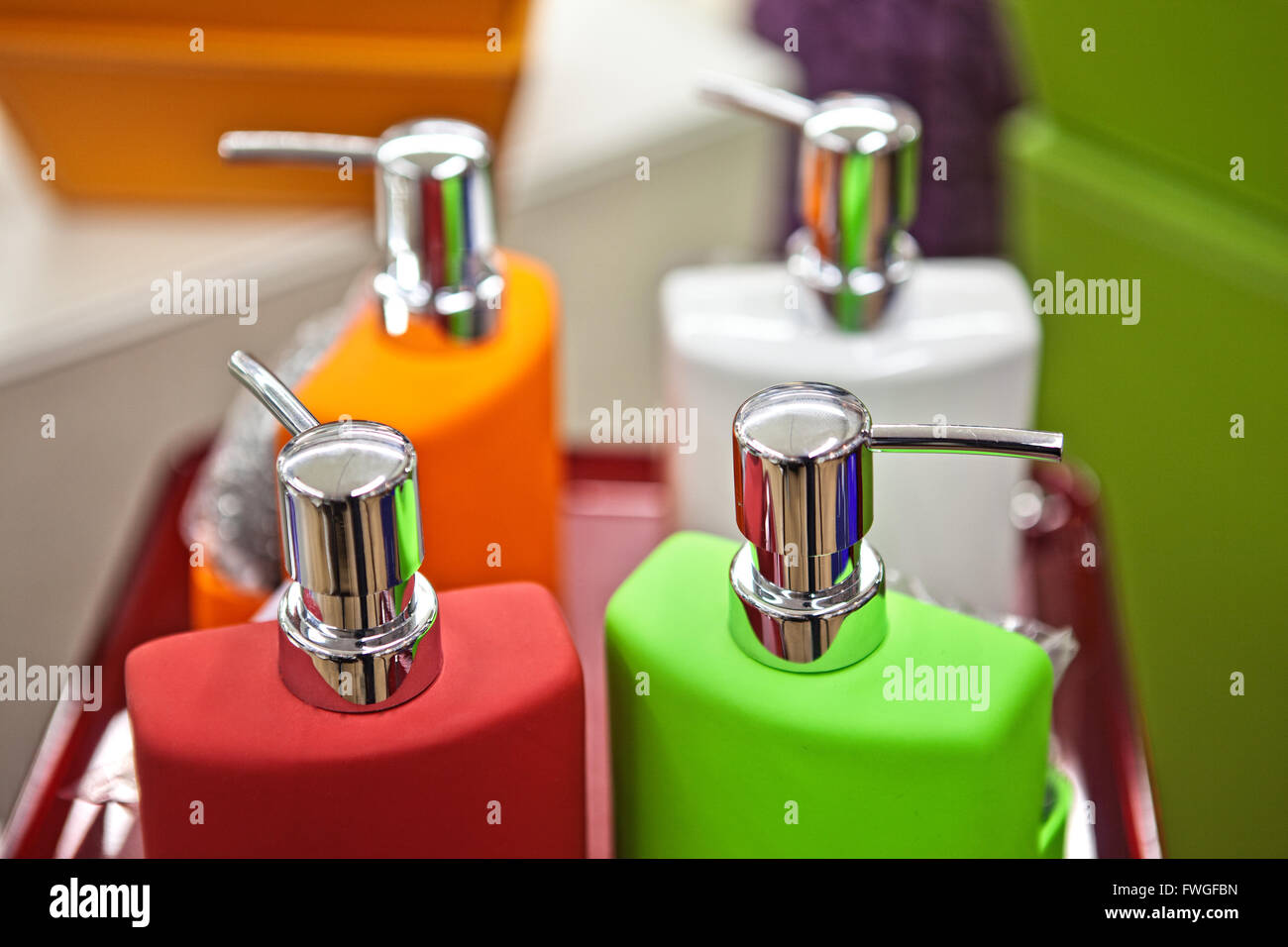 Closeup of many colorful plastic bottled flasks Stock Photo - Alamy