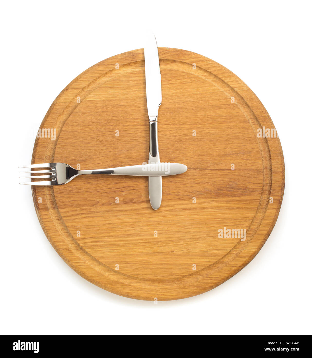 fork with knife at cutting board on white background Stock Photo - Alamy