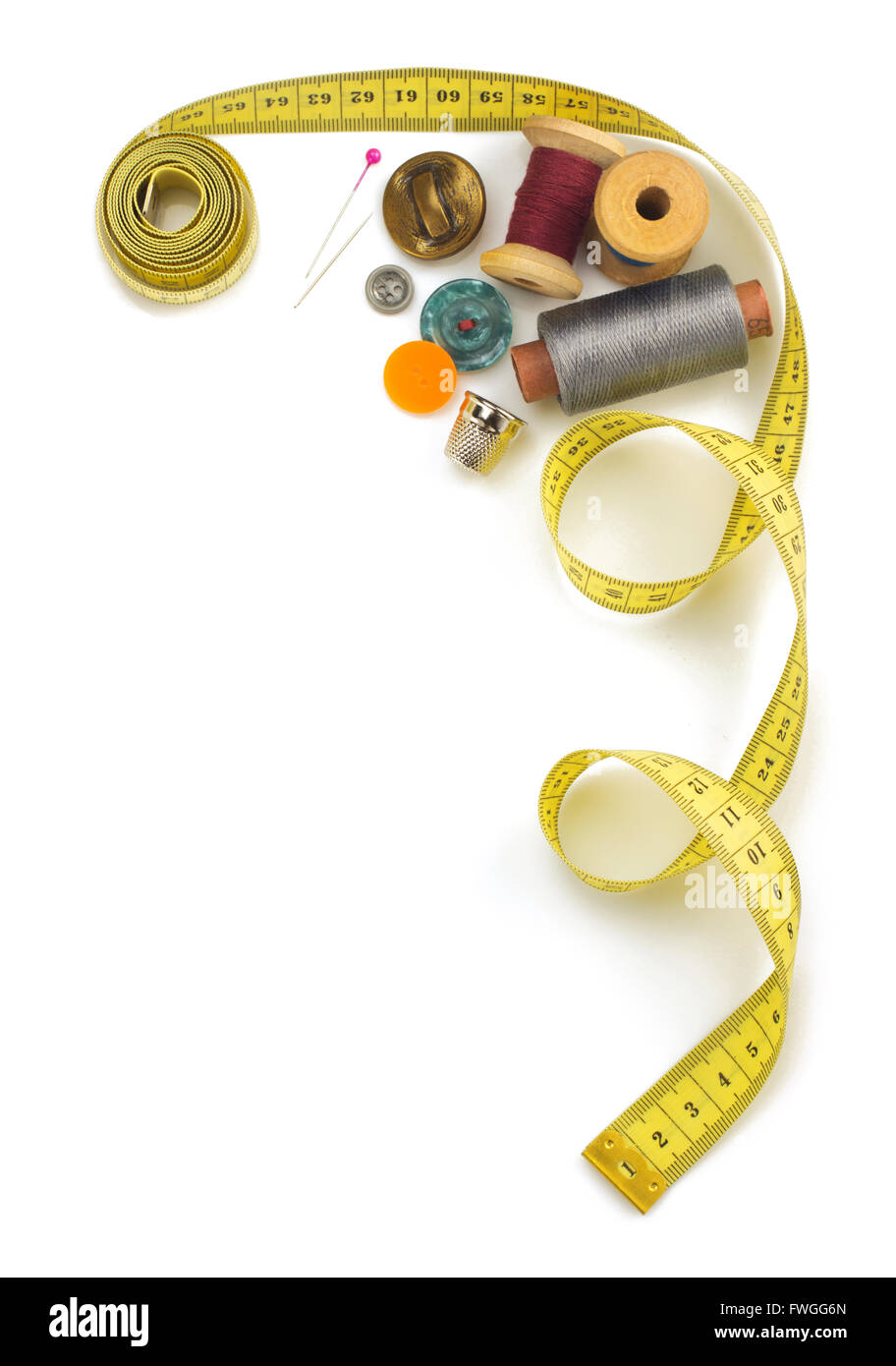 sewing tools and measuring tape isolated on white background Stock ...