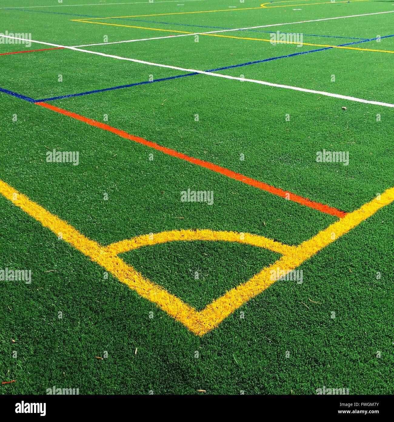 High Angle View Of Multi Colored Corner Markings On Soccer Field Stock ...
