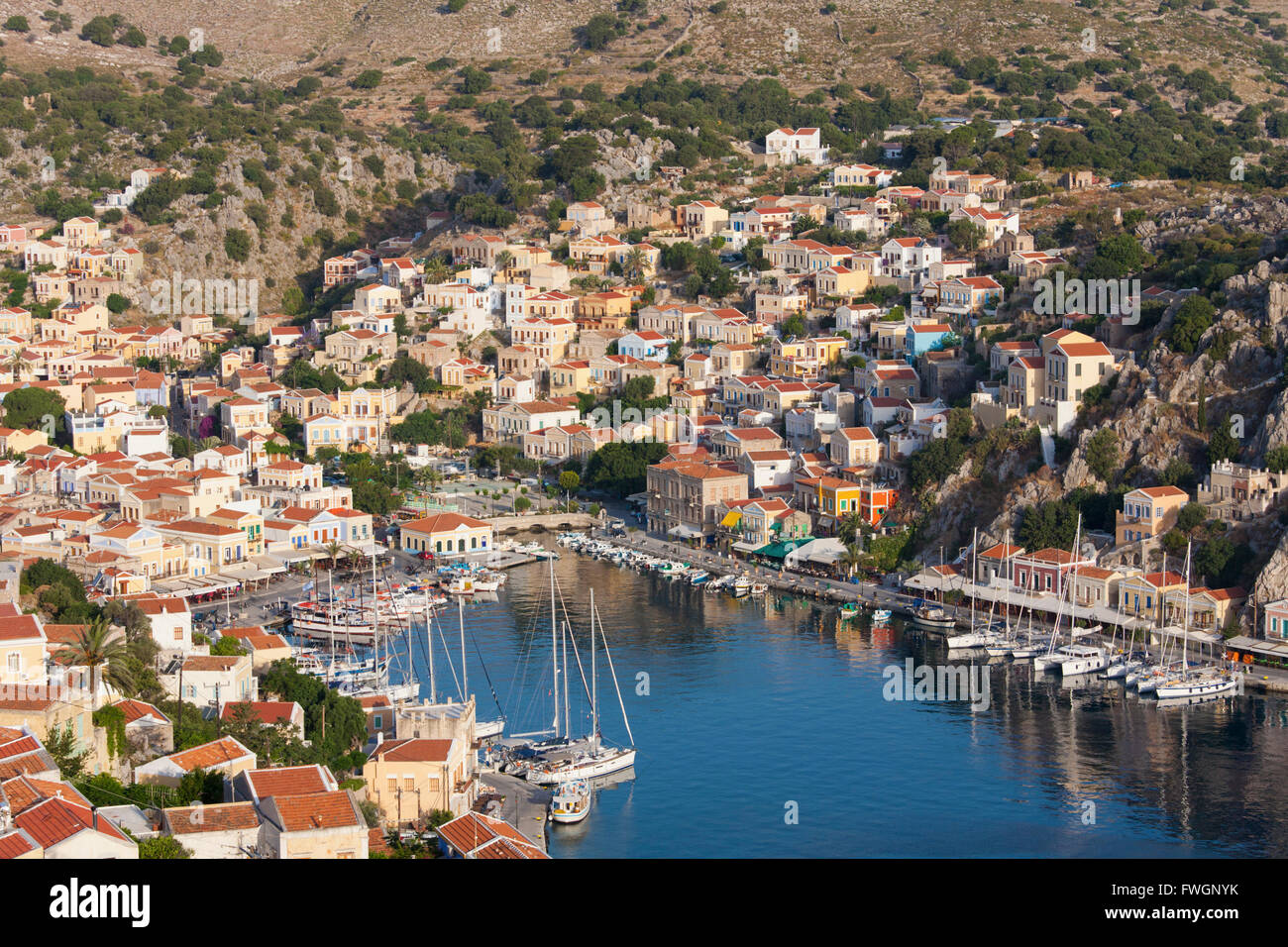 View over the colourful harbour, Gialos (Yialos), Symi (Simi), Rhodes ...
