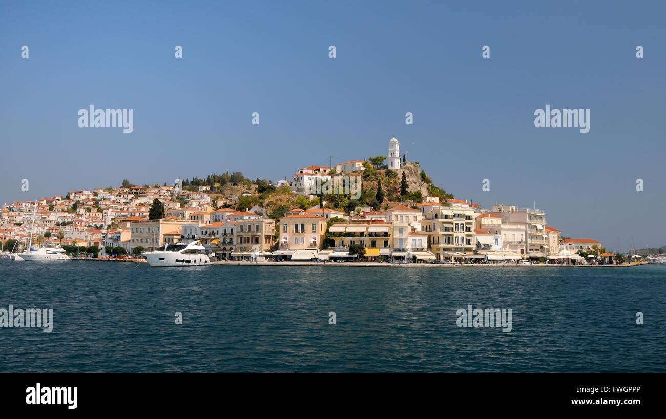 Poros town and harbour viewed from the sea, Poros island, Attica ...