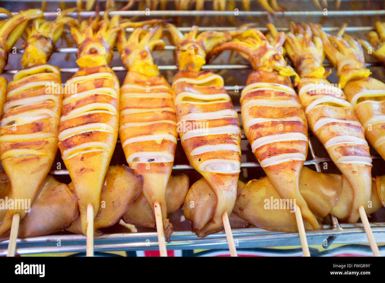 Grilled Fish on sale at Food Stall Chatuchak Market Bangkok Stock Photo ...