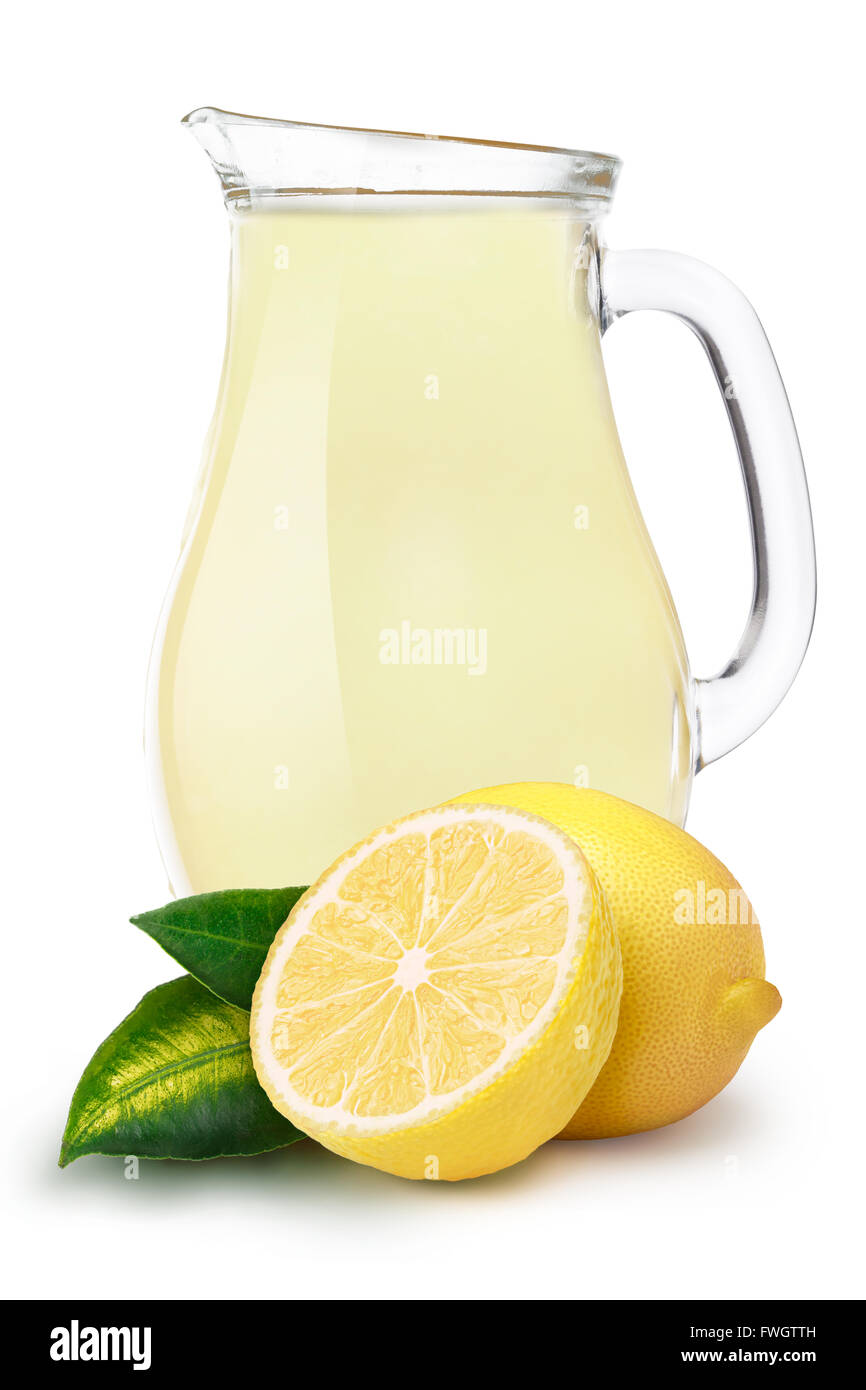 Lemon juice pitcher or jug with oranges. Separate clipping paths for ...