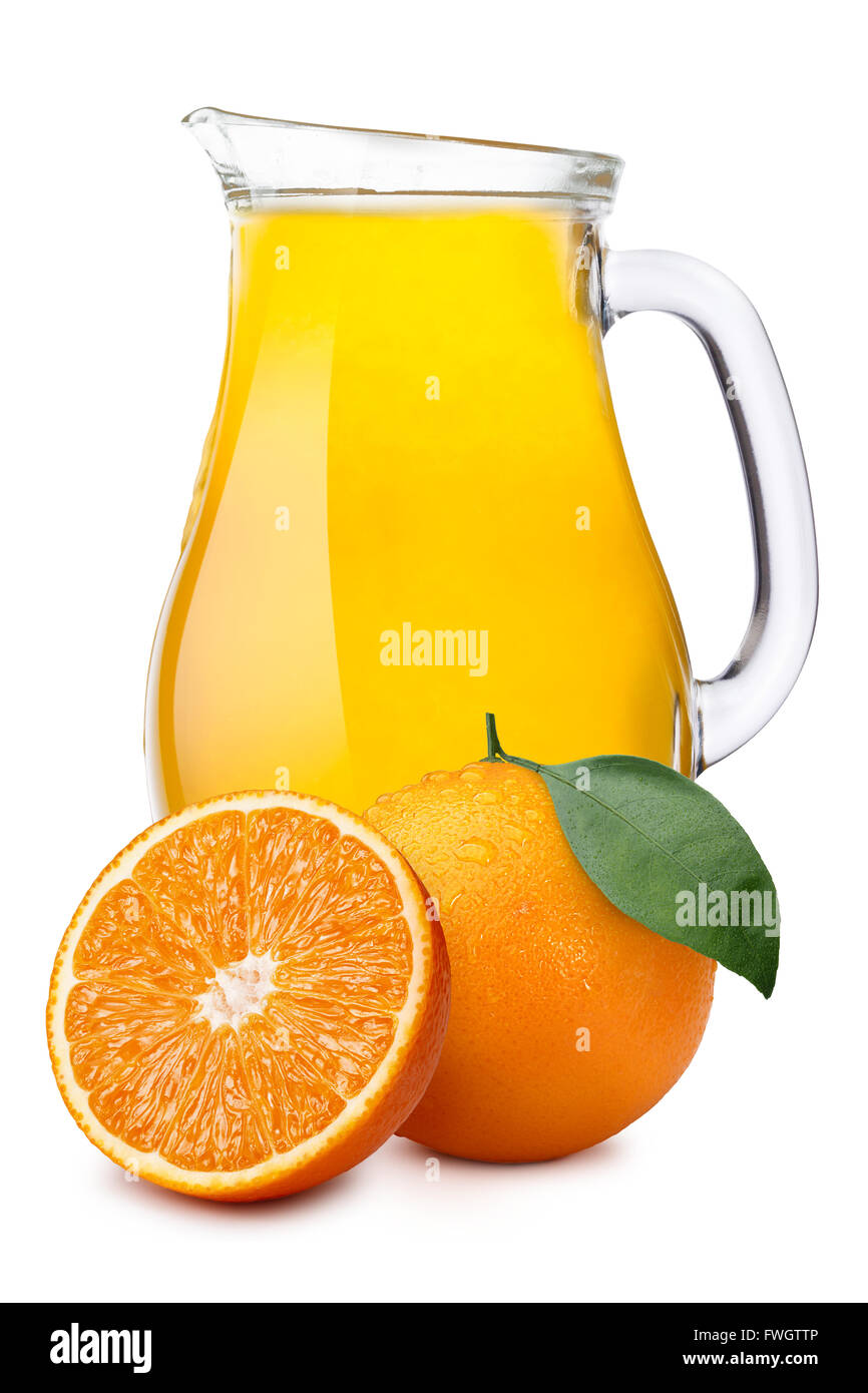 Orange juice pitcher or jug with oranges. Separate clipping paths for ...