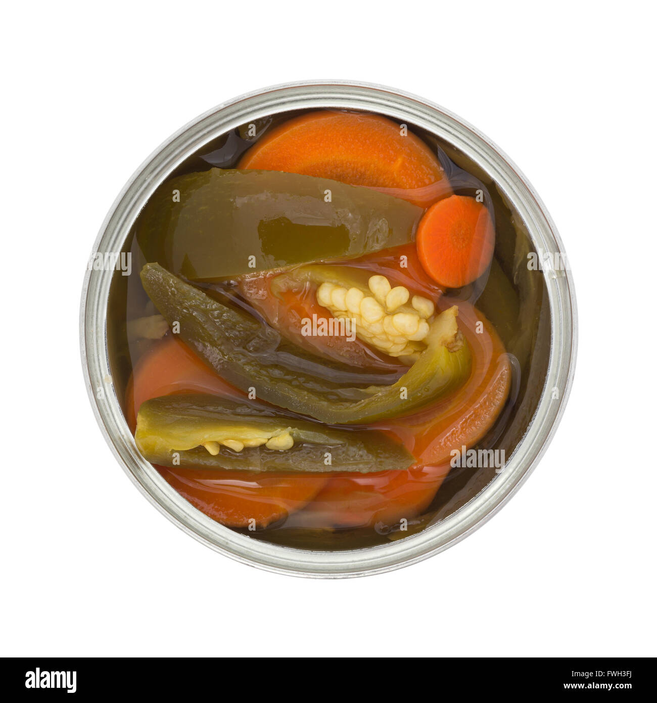 Top view of an opened can of sliced jalapeño peppers with carrots ...