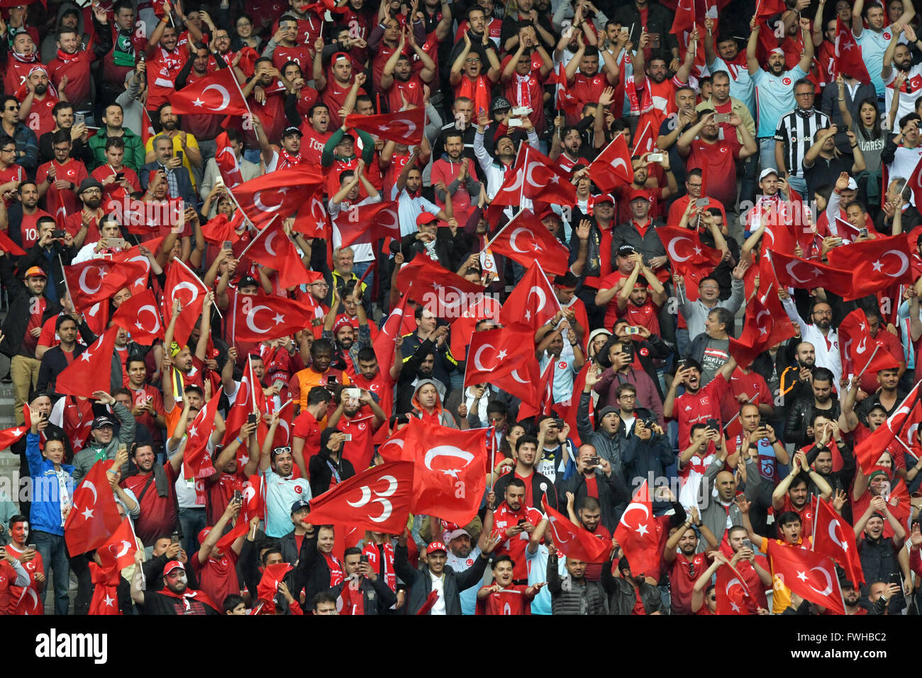 Supporters of Turkey wave flags in the stands prior the UEFA Euro 2016 ...