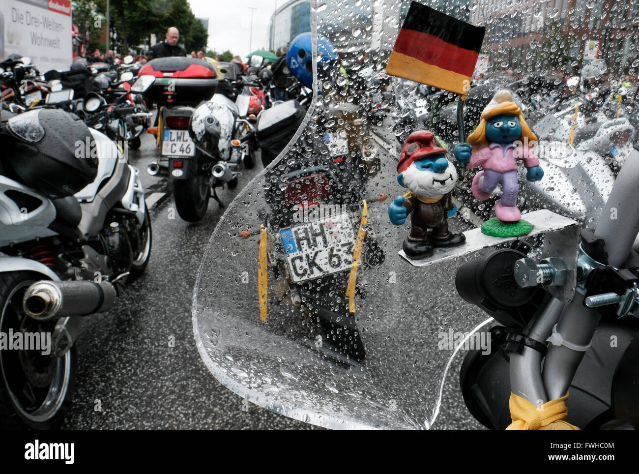 Hamburg, Germany. 12th June, 2016. Smurfs seen on the handlebar of a ...