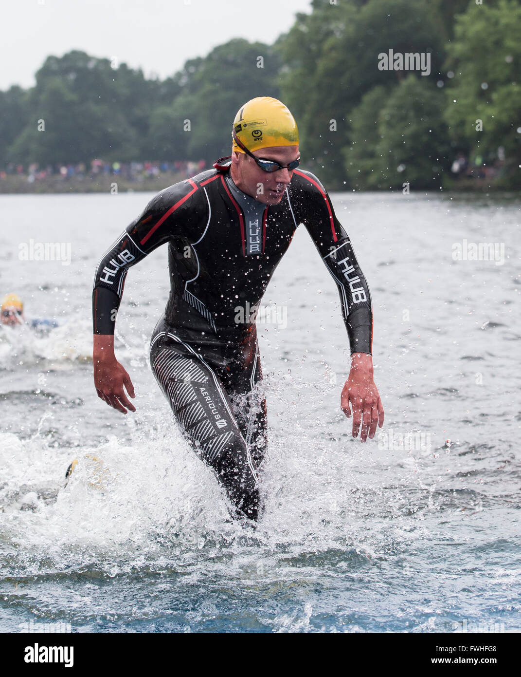 Leeds, UK. 12th June, 2016. Jonathan Brownlee finishing the first lap ...