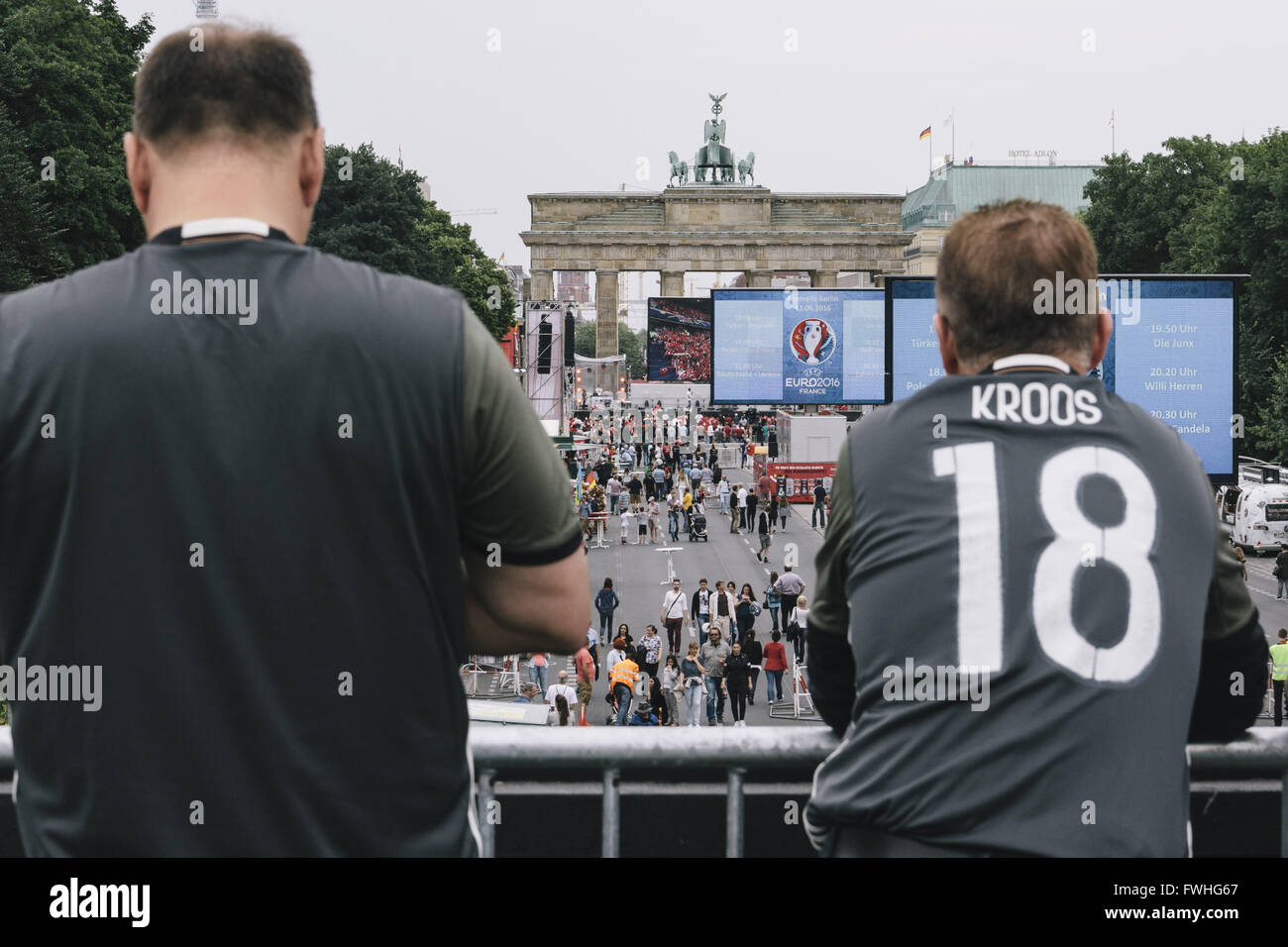 Berlin, Germany. 12th June, 2016. German supporters on a bridge in a ...