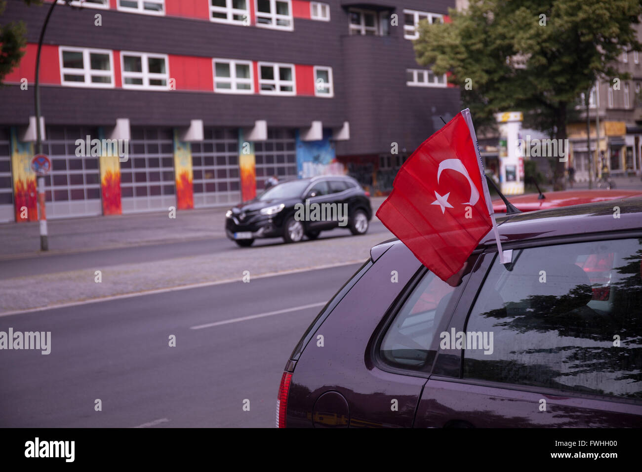 Turkey flag in a car during the UEFA games. Berlin, Wiener Street ...