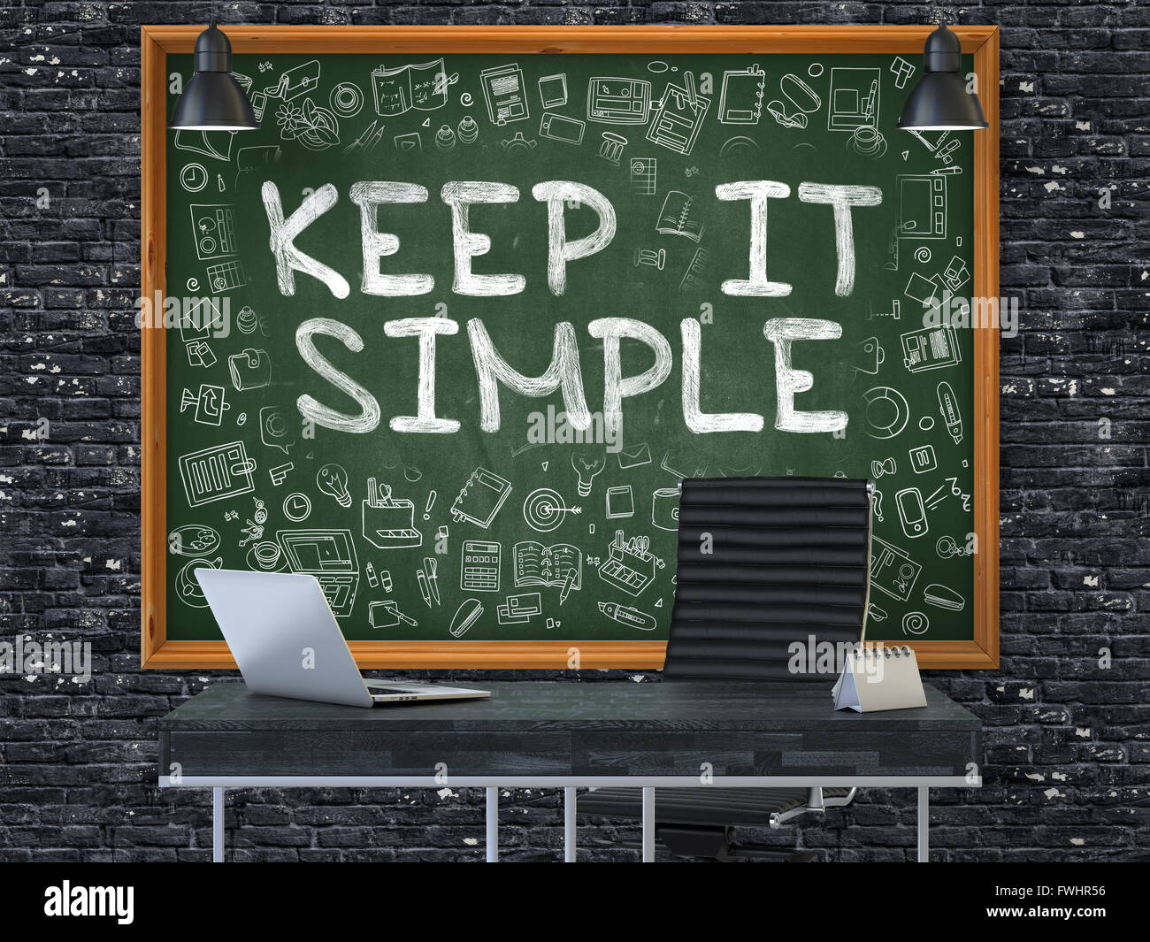 Keep it Simple on Chalkboard with Doodle Icons Stock Photo - Alamy
