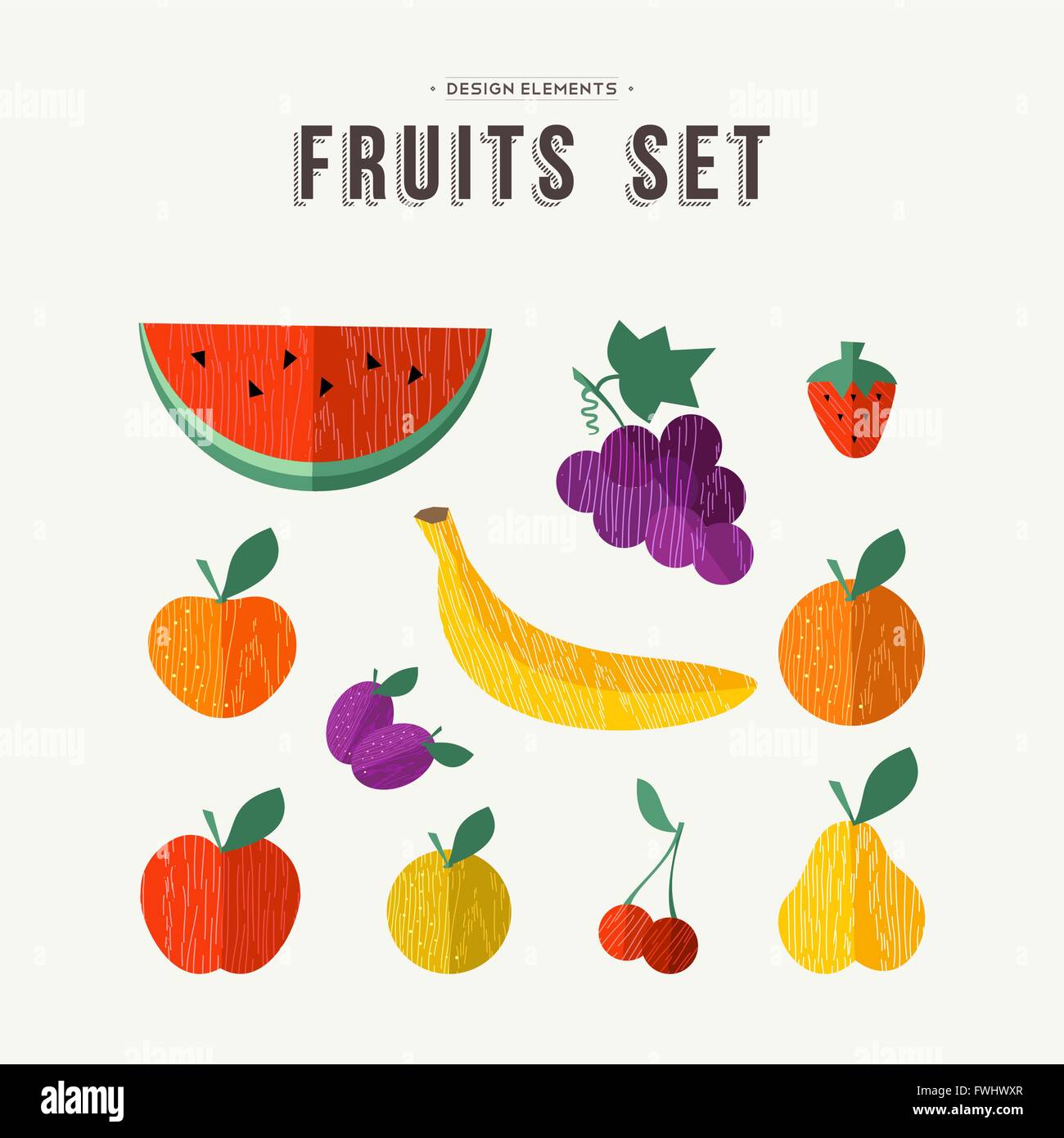 Set of different fruit icons with trendy wood texture in flat style ...
