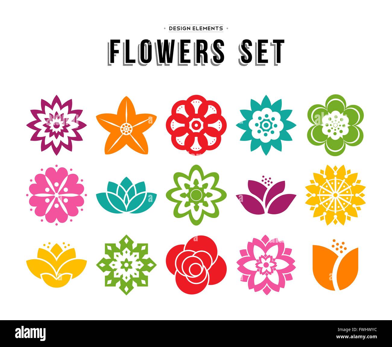 Colorful set of different flowers in modern flat art illustration style ...