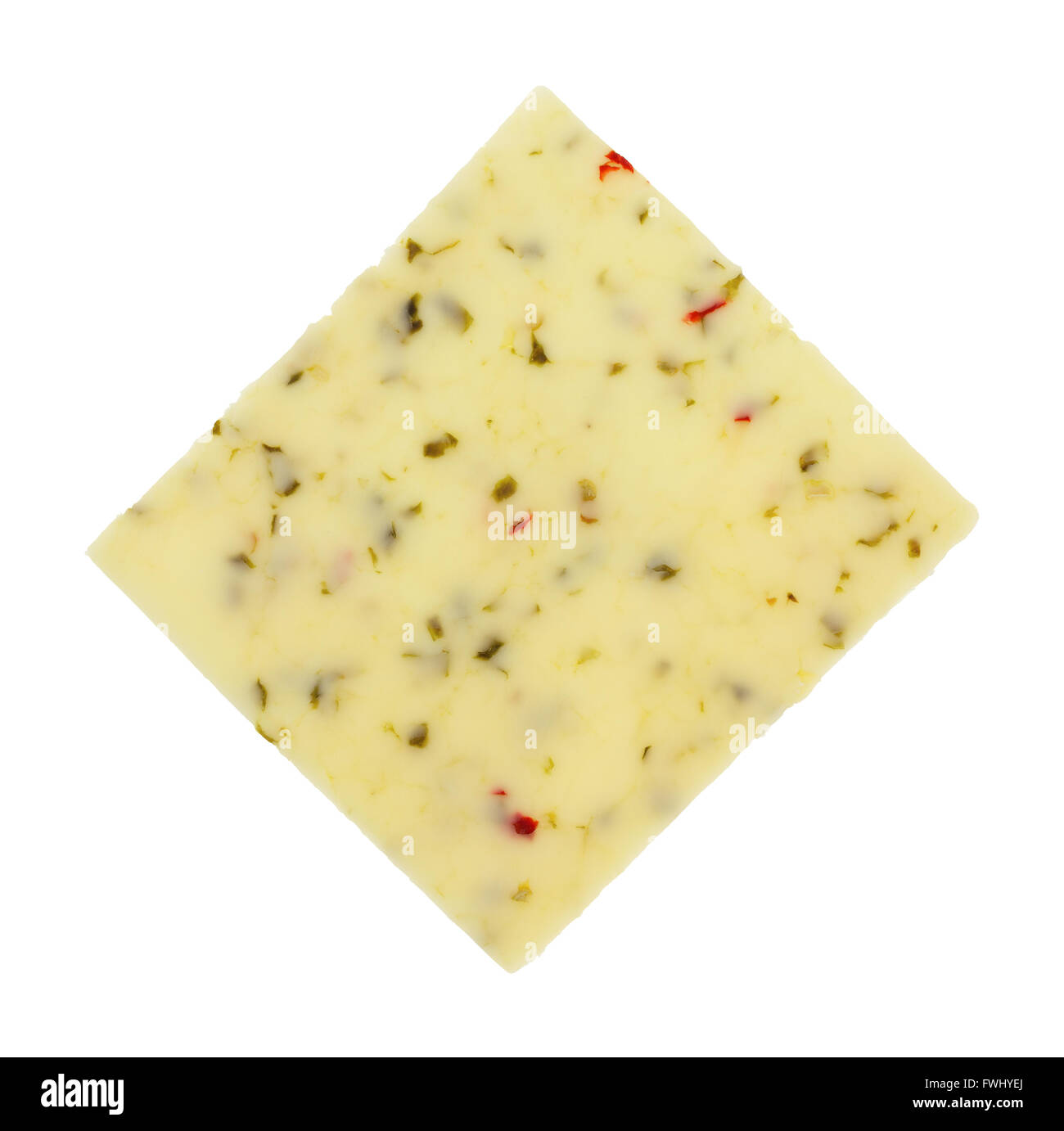 A single slice of pepper jack cheese isolated on a white background ...