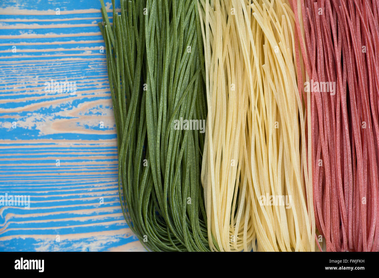 Linguine pasta in 3 flavours. The colours represent the Italian flag ...