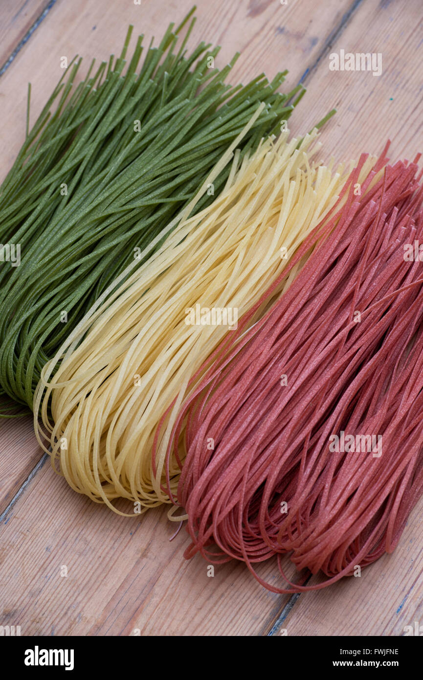 Linguine pasta in 3 flavours. The colours represent the Italian flag ...