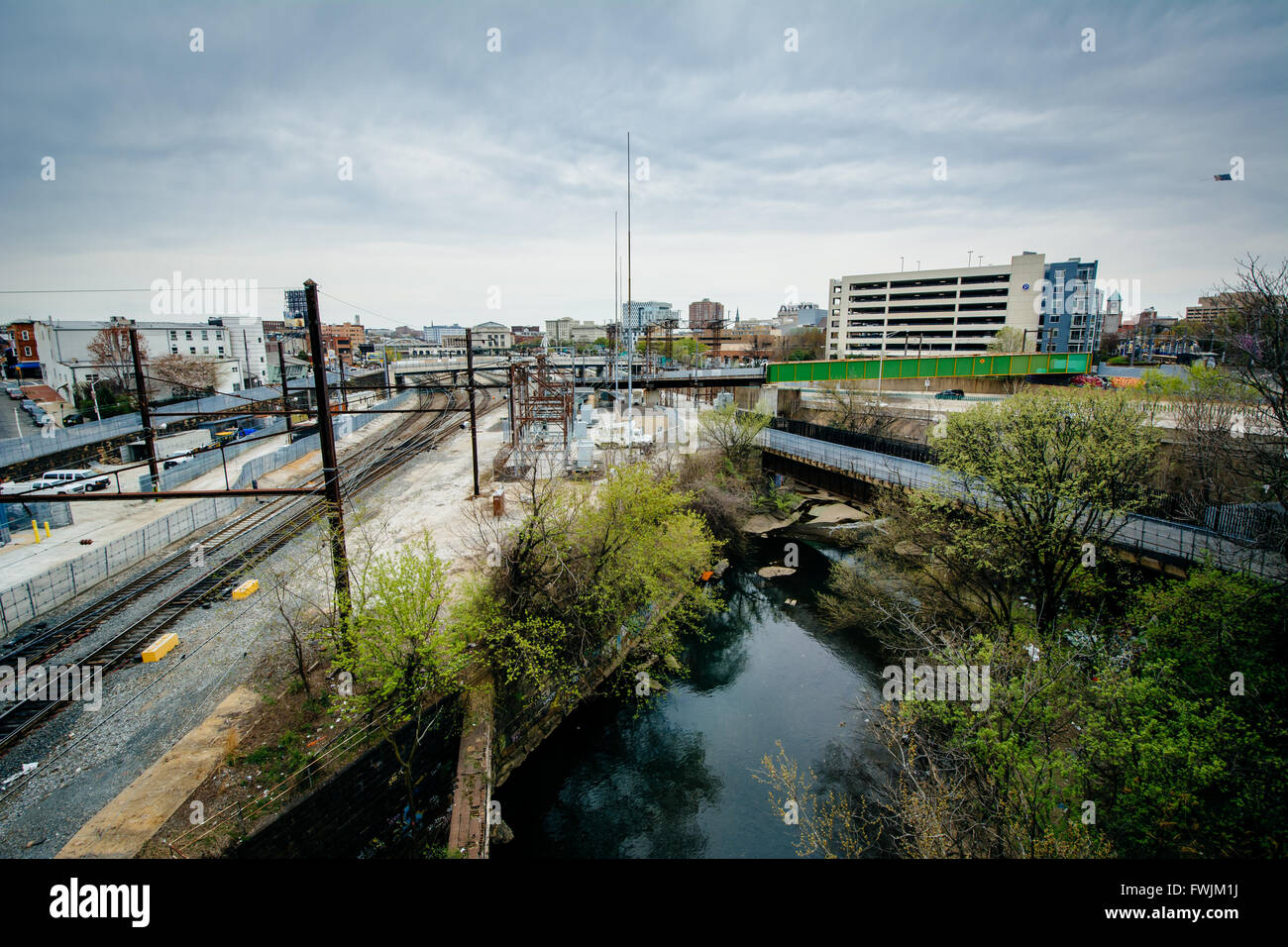 View of Jones Falls and railroad tracks from the Howard Street Bridge ...