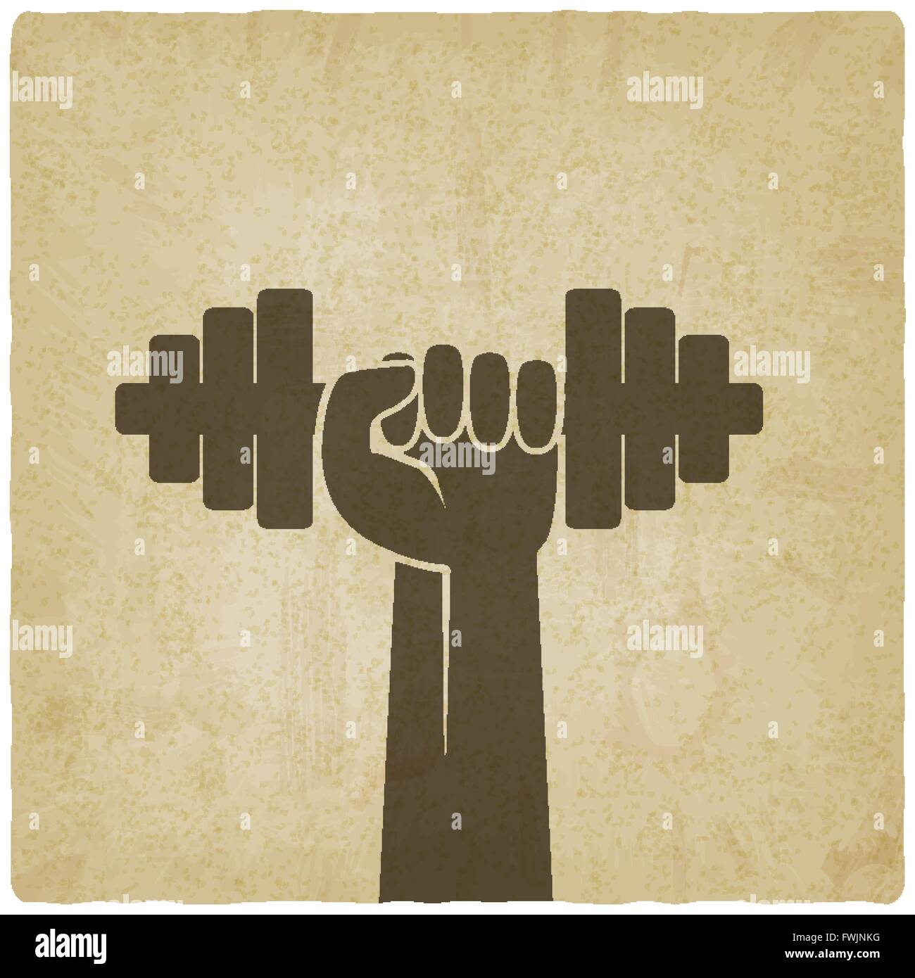 hand with dumbbell. fitness symbol on old background. vector ...