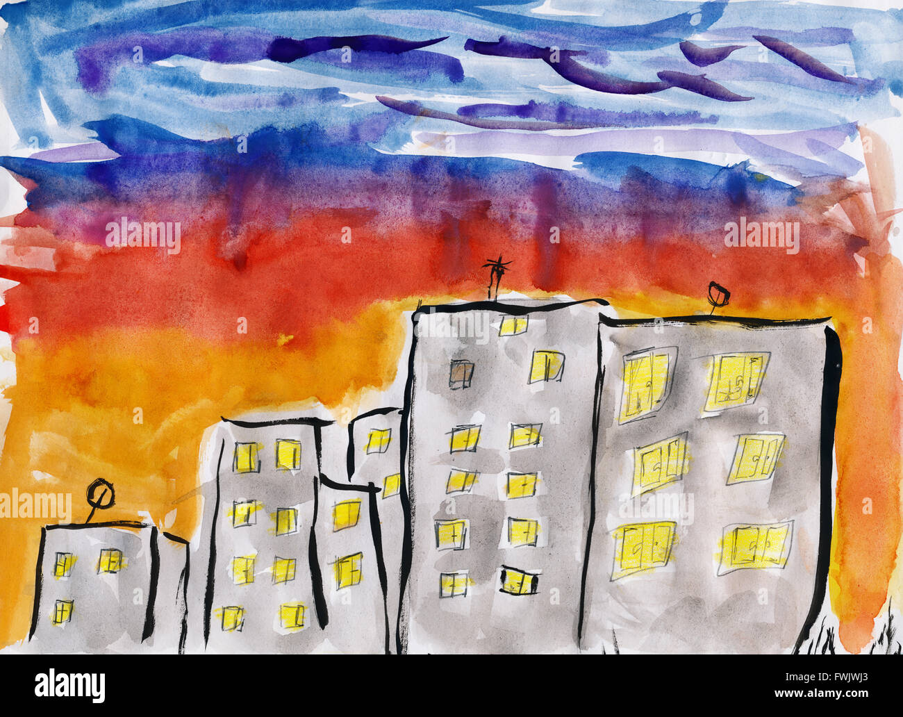 sunset in city, light in window, houses on sky background, child ...