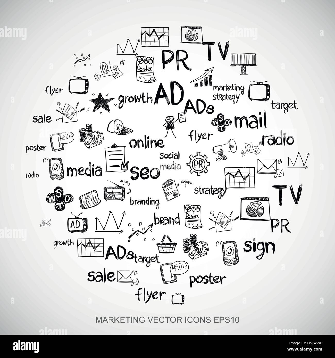 Marketing Black doodles Hand Drawn Marketing Icons set on White. EPS10 ...
