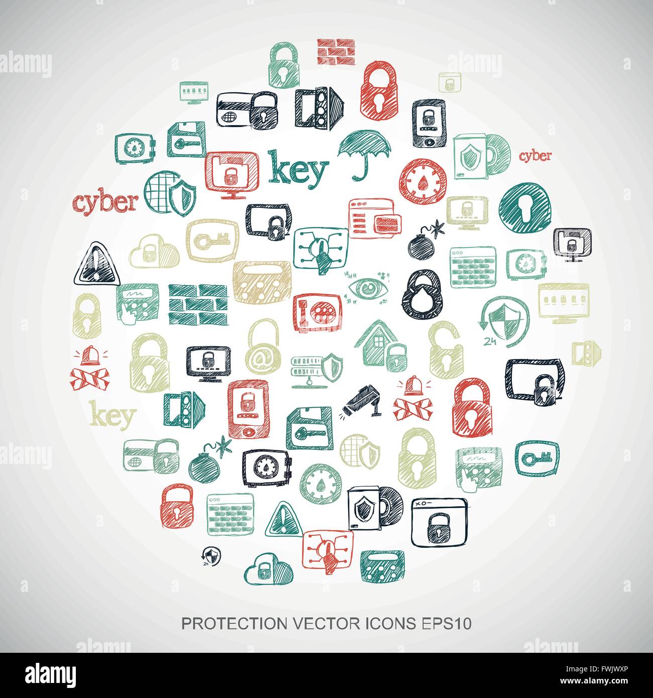 Privacy Multicolor doodles Hand Drawn Security Icons set on White ...