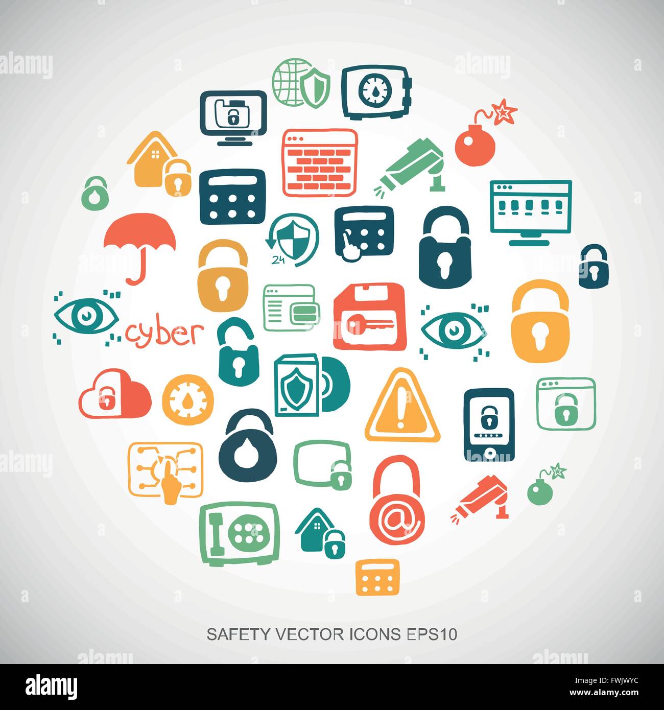 Security Multicolor doodles Hand Drawn Security Icons set on White ...