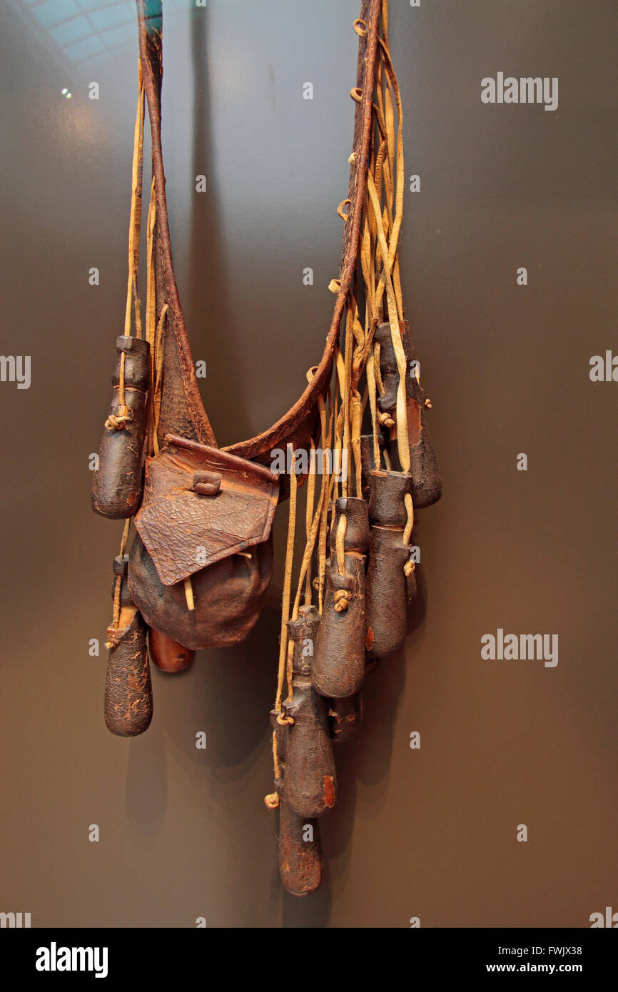 A 17th century Dutch bandolier with powder bottles and shot pouch in ...