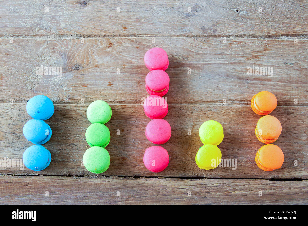 arranged in a bar graph colorful french Macaroon on wood background ...