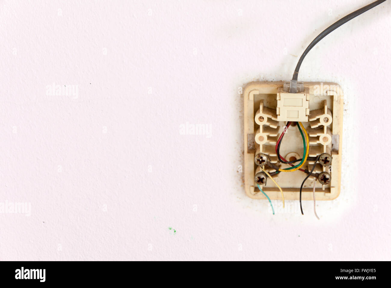 Phone lines are severed on white wall Stock Photo - Alamy