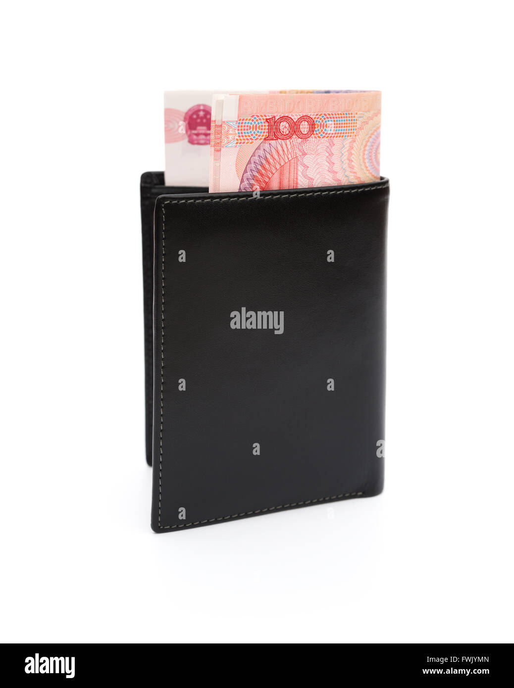 wallet with RMB 100 paper currency on white with clipping path Stock ...