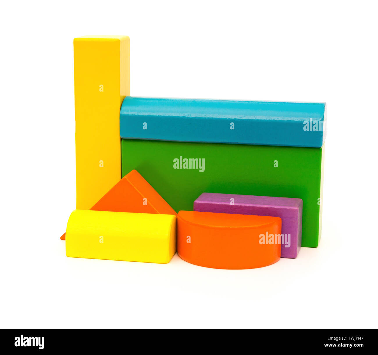 different color and shape wooden toy blocks on white background Stock ...