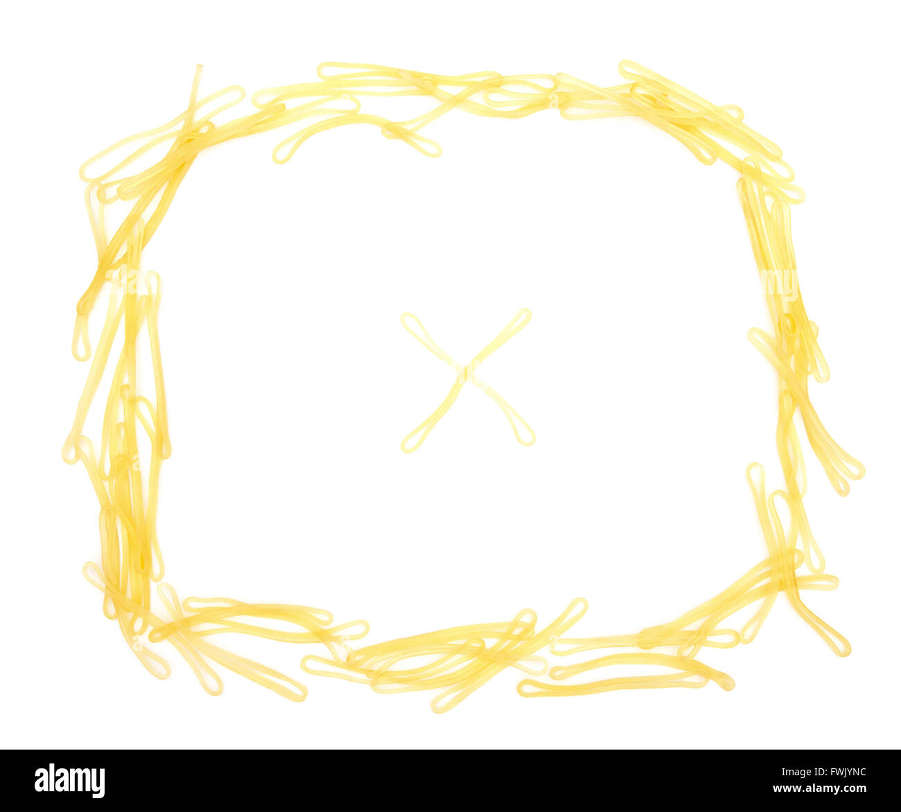 Elastic bands shaped as a frame on white with a cross in center Stock ...