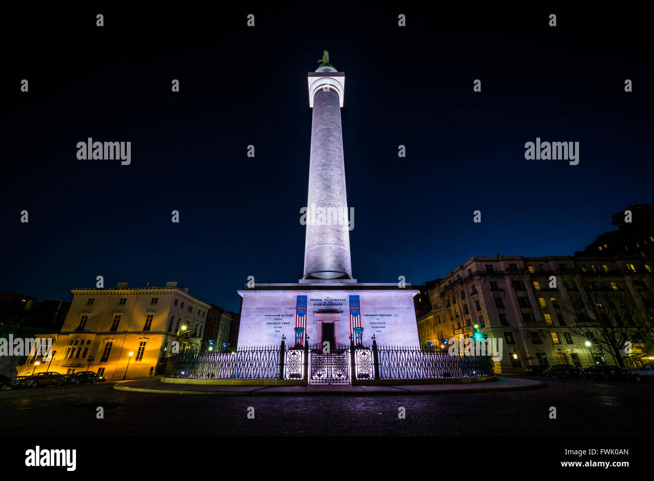 The Washington Monument at night in Mount Vernon, Baltimore, Maryland ...