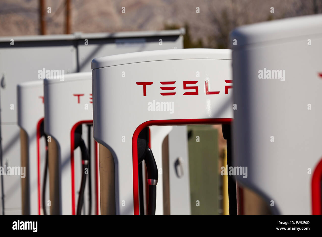 Tesla electric vehicle charging station at Lone Pine, California, USA ...