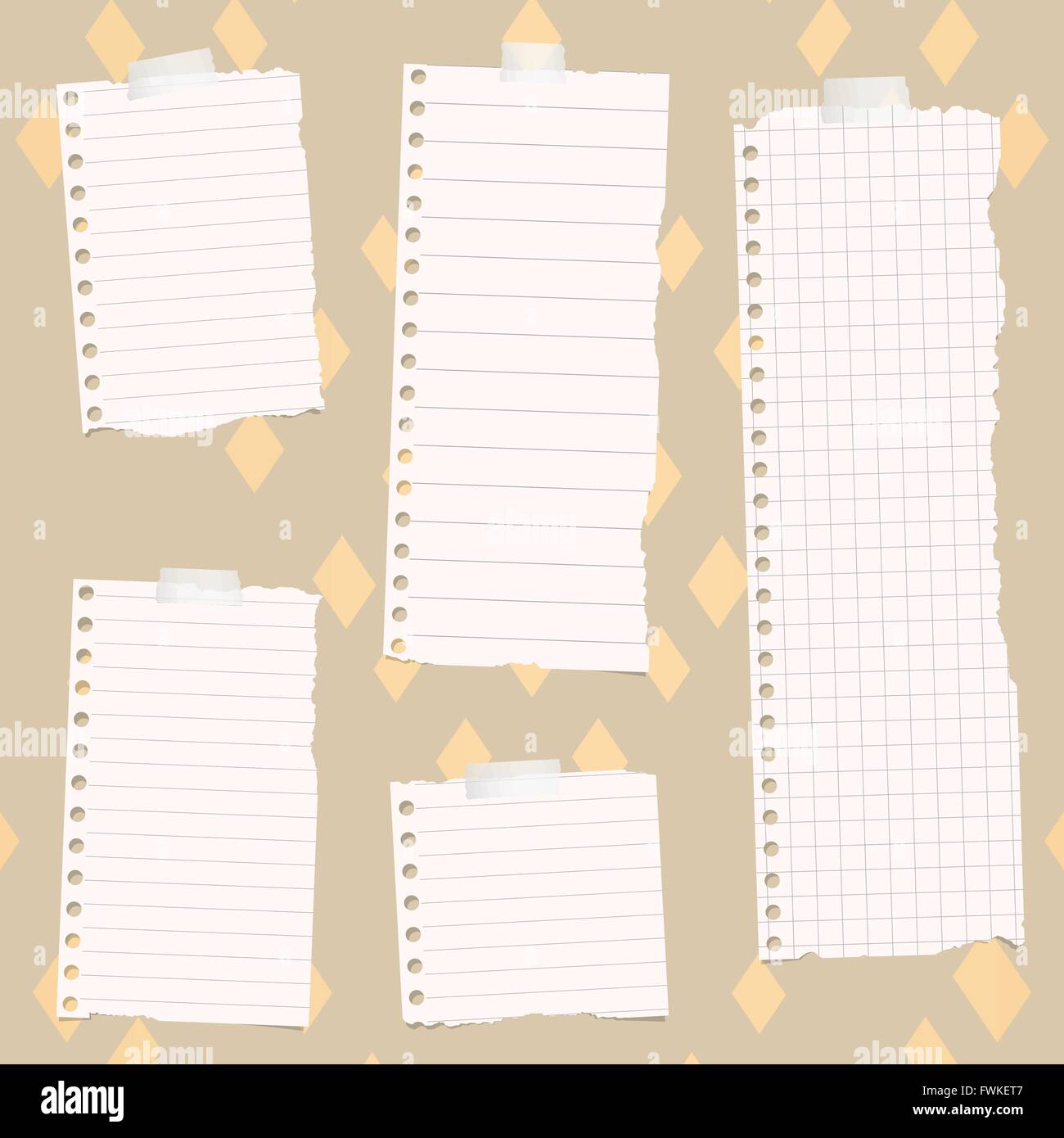 Pieces of torn white lined and squared notebook paper sticked on ...