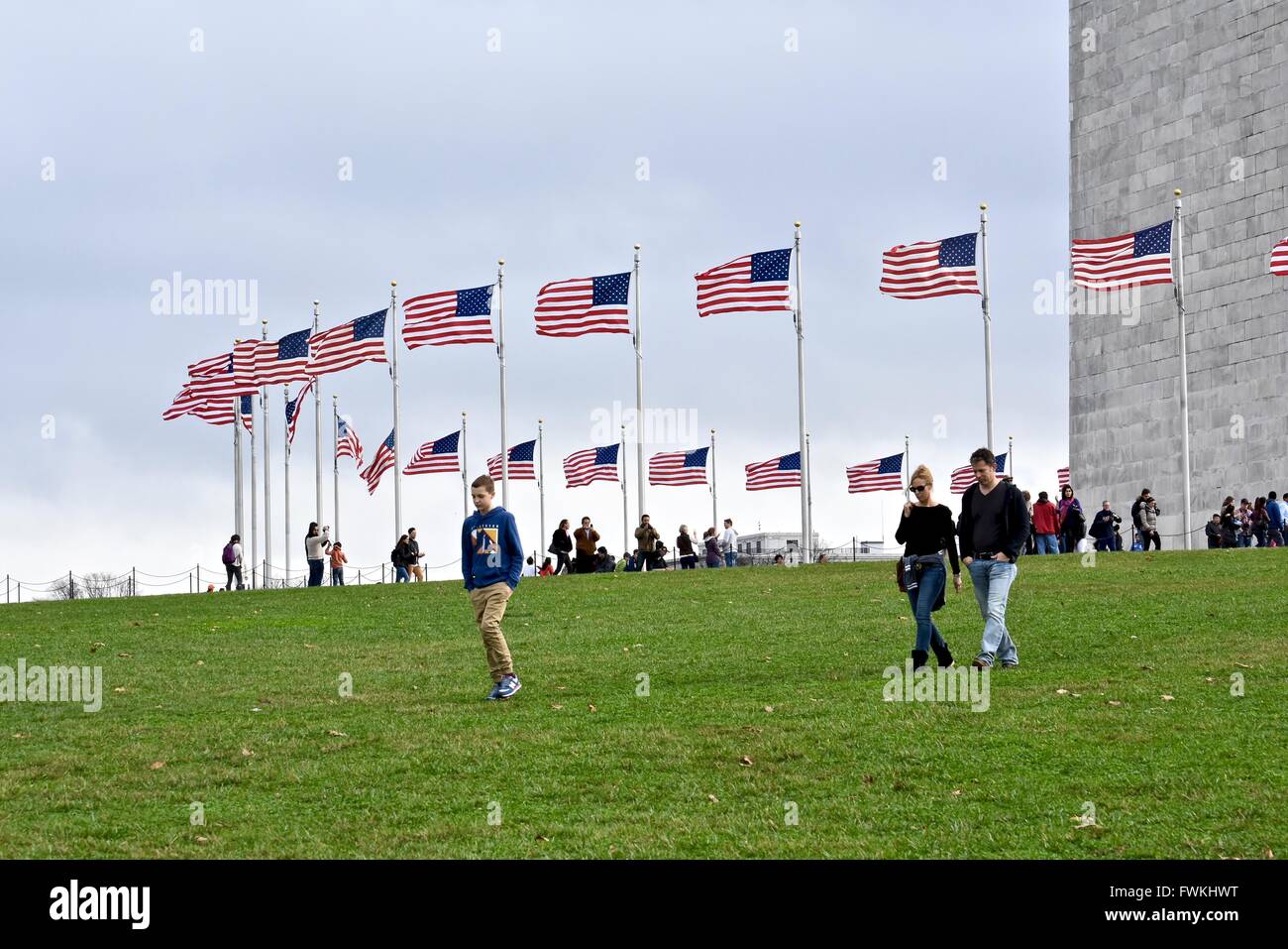 USA flags around the Washington monument in DC Stock Photo - Alamy