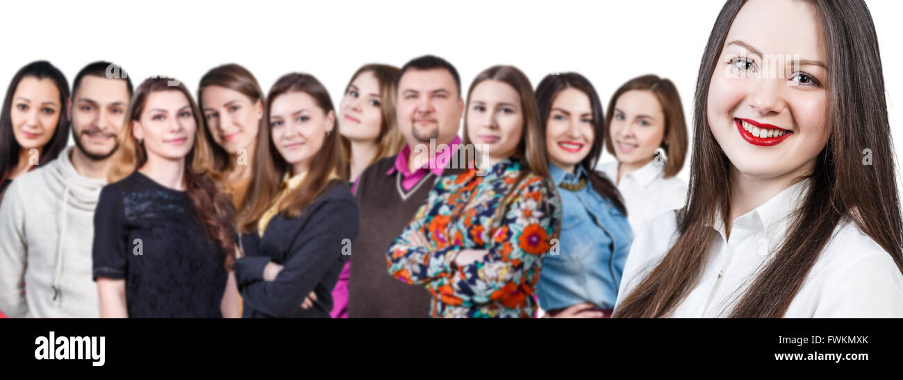 Happy smiling young group of people standing together isolated on white ...