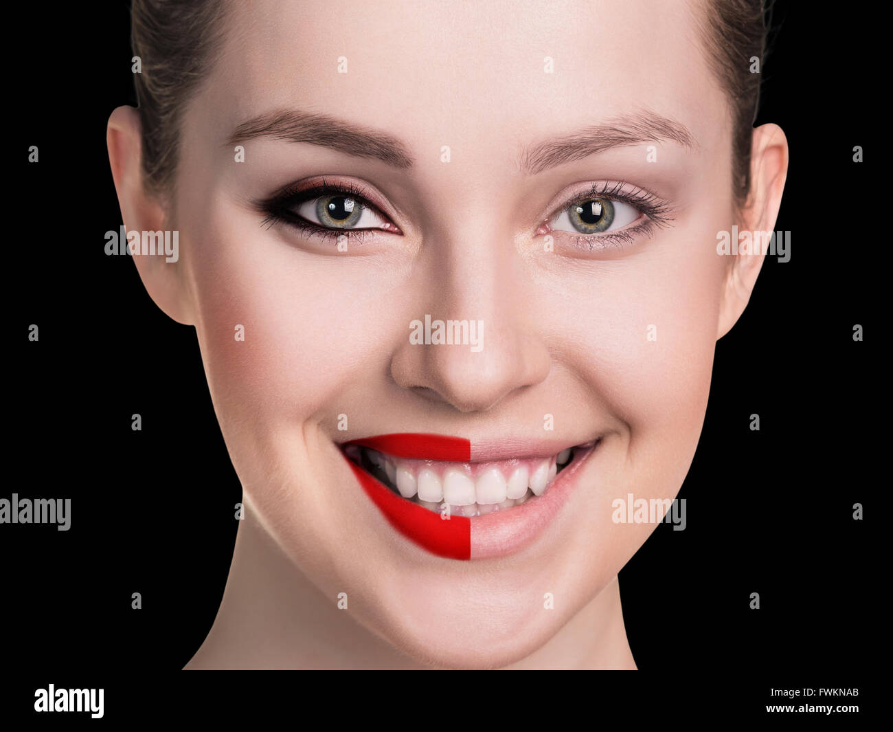 Comparative portrait of female face, without and with makeup Stock ...