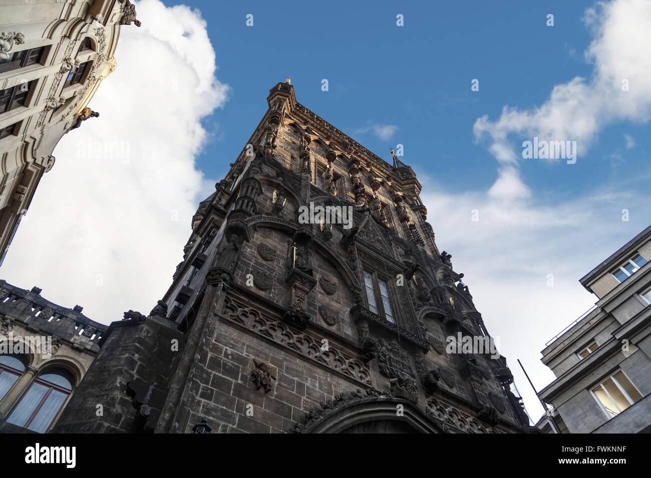View of historical gothic Powder Tower also known as Powder Gate in old town of Prague, on cludy ...