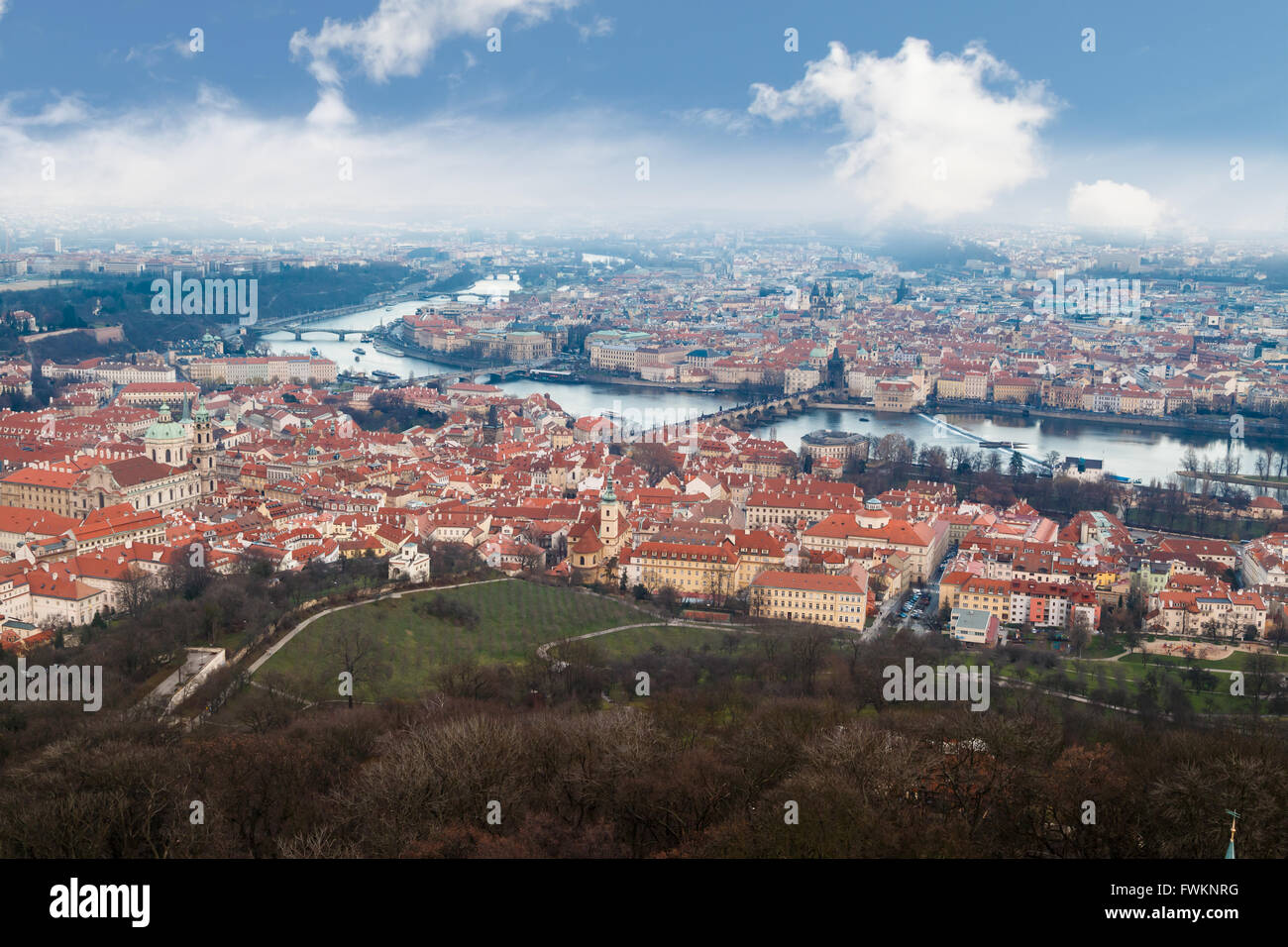 General top view of historical gothic Prague cityscape with old ...
